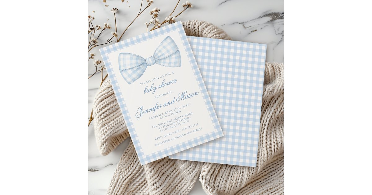 Cute blue bow ribbon gingham baby boy shower invitation | Zazzle
