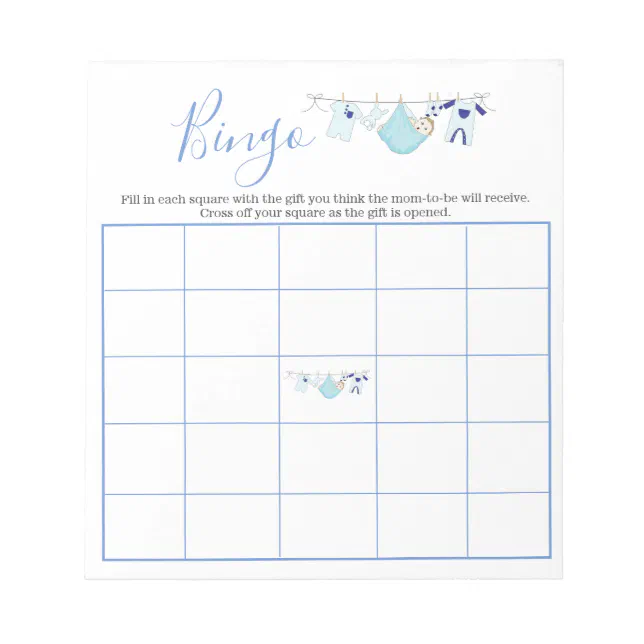 Cute Blue Boy Clothesline Baby Shower Bingo Game Notepad | Zazzle