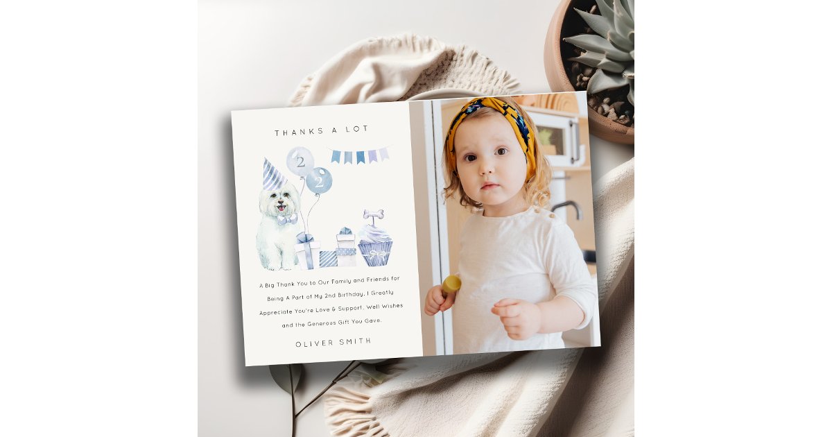 Cute Blue Boys Dog Any Age Birthday Photo Party Thank You Card | Zazzle