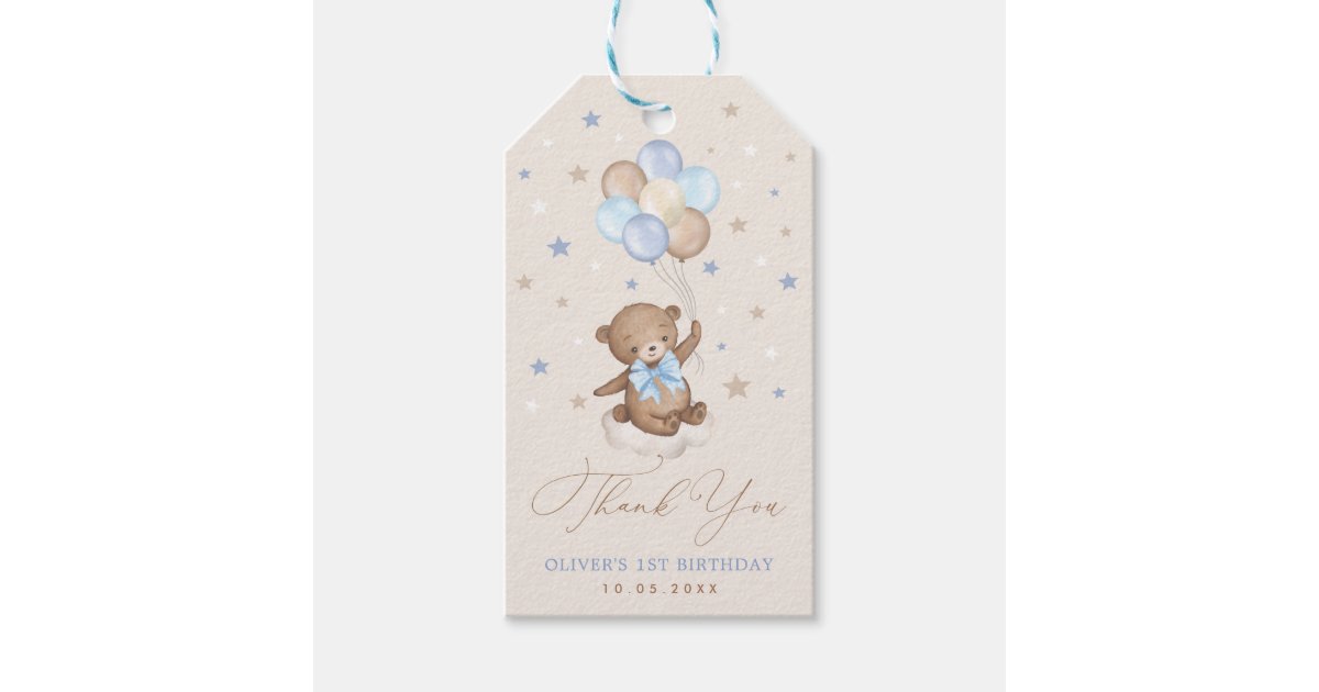 Cute Blue Brown Bear Balloons Birthday Thank You Gift Tags | Zazzle