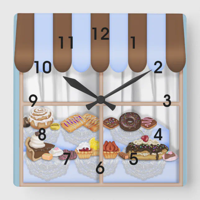 Cute Blue Brown Cupcake Sweet Bakery Square Wall Clock | Zazzle