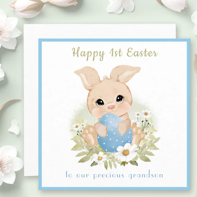 Cute Blue Bunny Grandson First Easter card | Zazzle