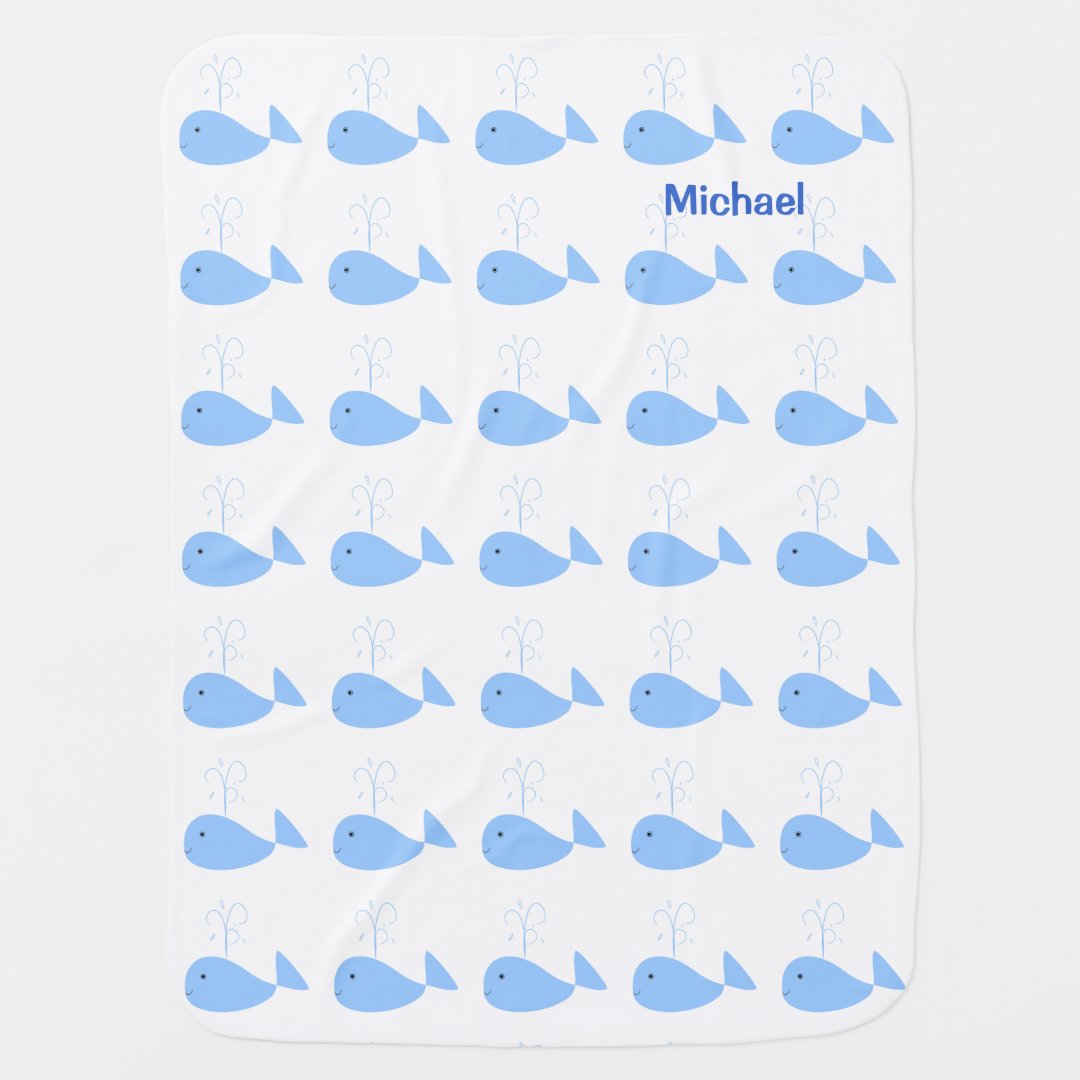 Cute Blue Cartoon Whale and Water Spout Boy Name Swaddle Blanket | Zazzle