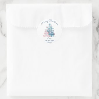 Cute Blue Christmas Tree Merry Christmas Classic Round Sticker | Zazzle