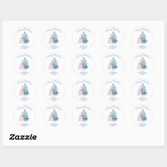 Cute Blue Christmas Tree Merry Christmas Classic Round Sticker | Zazzle