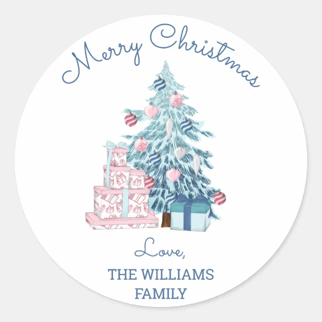 Cute Blue Christmas Tree Merry Christmas Classic Round Sticker | Zazzle