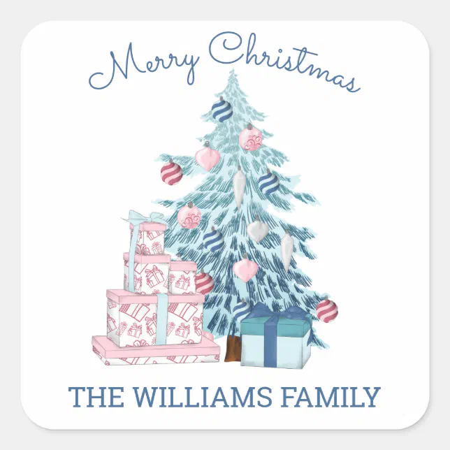 Cute Blue Christmas Tree Merry Christmas Square Sticker | Zazzle
