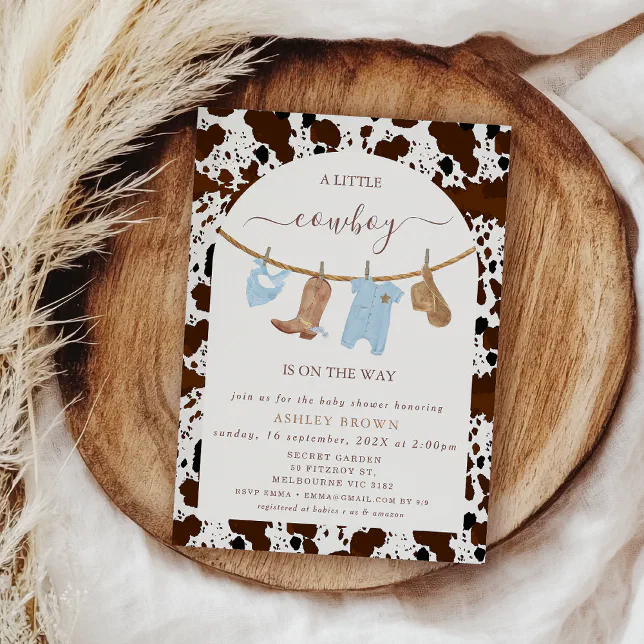 Cute Blue Clothesline Cow Print Cowboy Baby Shower Invitation | Zazzle