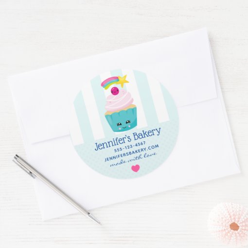 Cute Blue Cupcake with Kawaii Face Business Classic Round Sticker | Zazzle