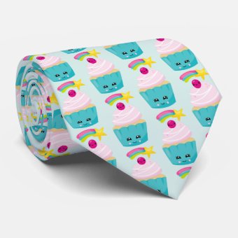 Cute Blue Cupcake with Kawaii Face Pattern Neck Tie | Zazzle