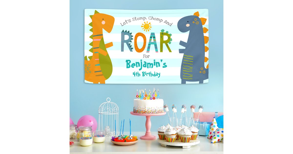 Cute Blue Dinosaurs Stomp Chomp Roar Boy Birthday Banner | Zazzle