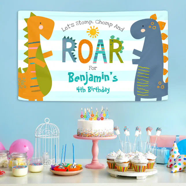 Cute Blue Dinosaurs Stomp Chomp Roar Boy Birthday Banner | Zazzle