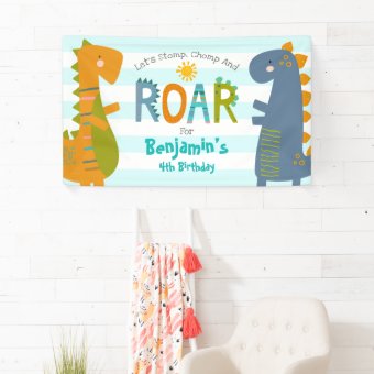Cute Blue Dinosaurs Stomp Chomp Roar Boy Birthday Banner | Zazzle