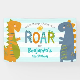 Cute Blue Dinosaurs Stomp Chomp Roar Boy Birthday Banner | Zazzle