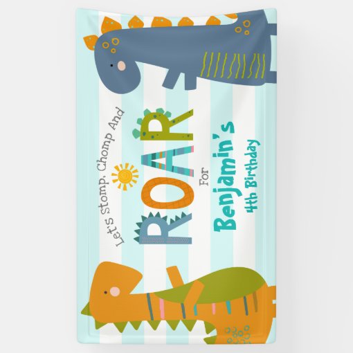 Cute Blue Dinosaurs Stomp Chomp Roar Boy Birthday Banner | Zazzle