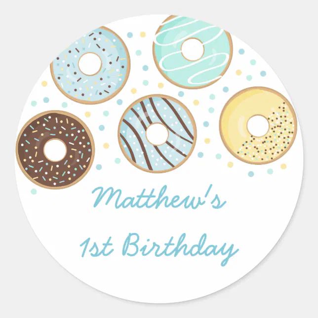 Cute Blue Donut Birthday Classic Round Sticker | Zazzle