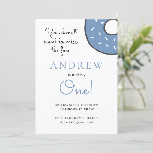 Cute Blue Donut Boy Turning One First Birthday Invitation | Zazzle