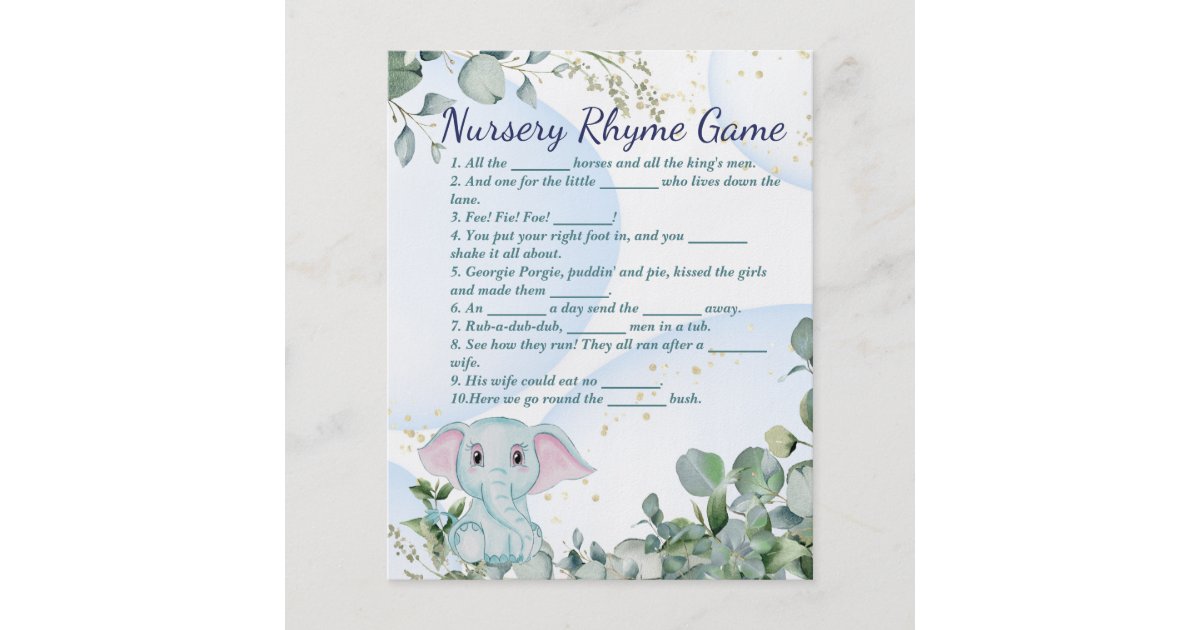 Cute Blue Elephant and Eucalyptus Baby Shower Game Flyer | Zazzle