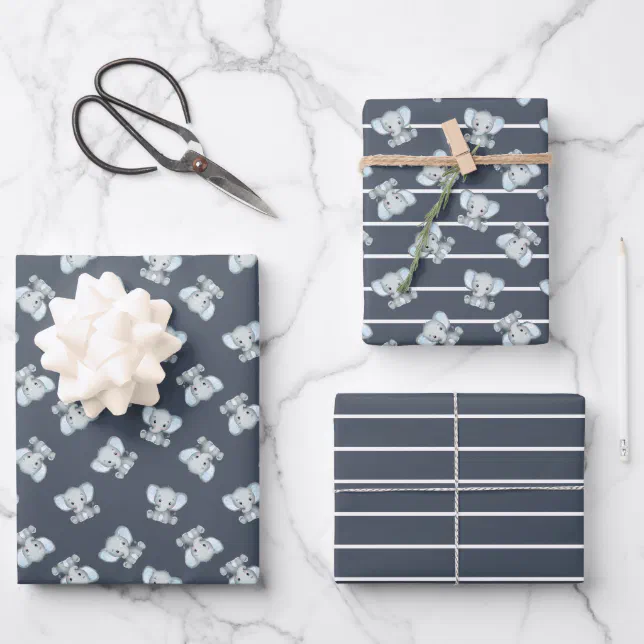 Cute Blue Elephant Stripe Baby Shower Wrapping Paper Sheets | Zazzle