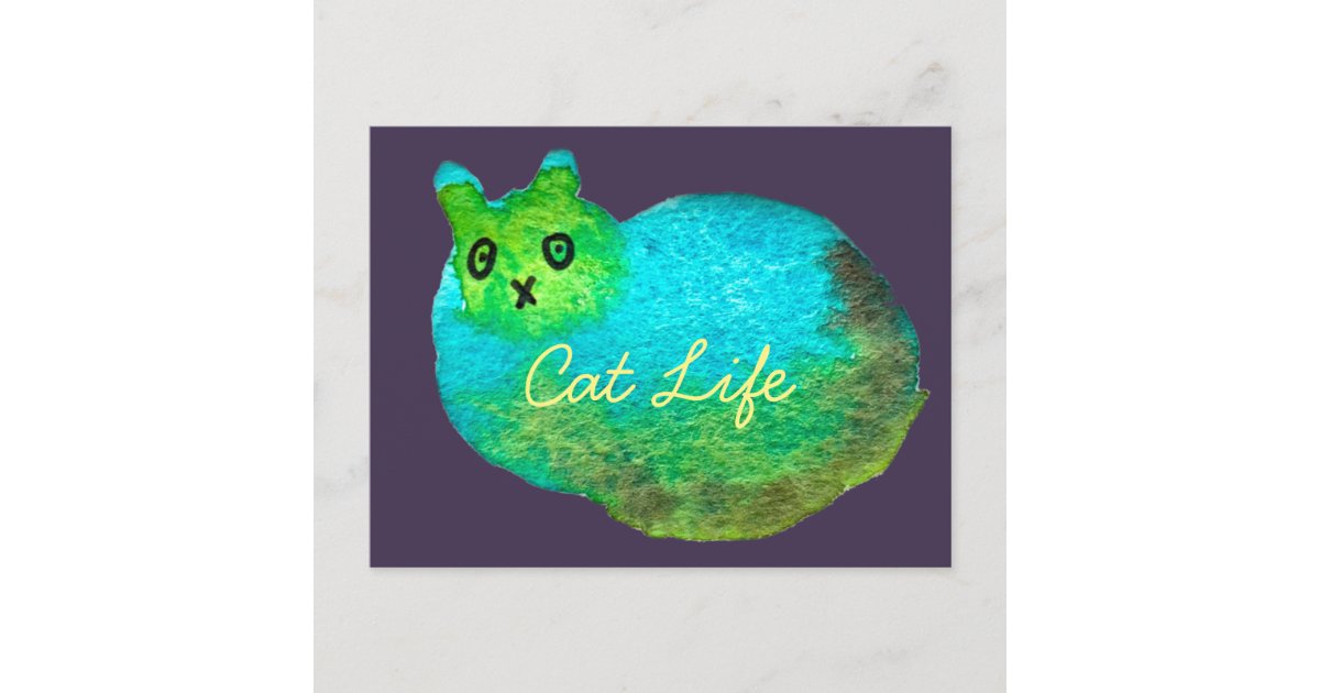 Cute blue fat cat art illustration postcard | Zazzle