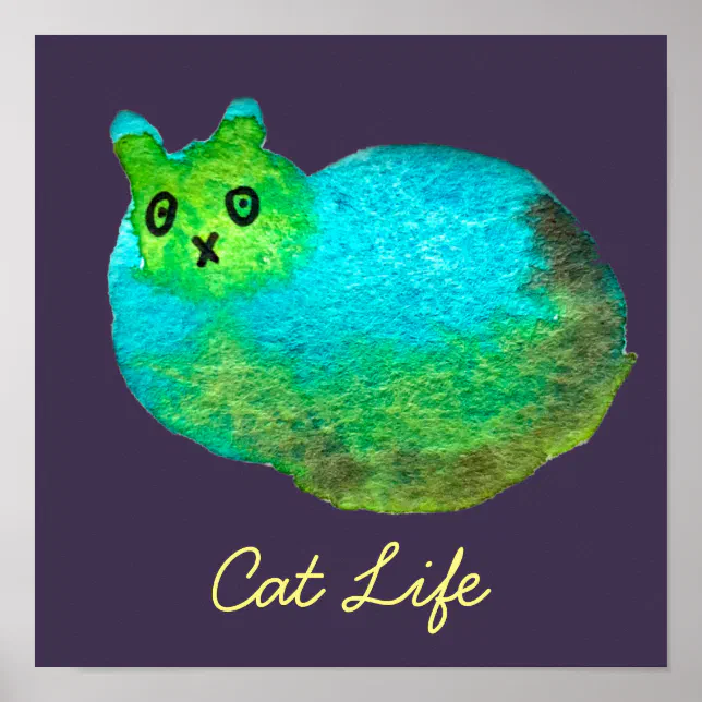 Cute blue fat cat art illustration poster | Zazzle