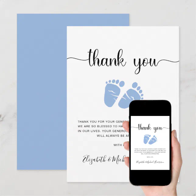 Cute Blue Feet Baby Boy Shower Thank You Card | Zazzle