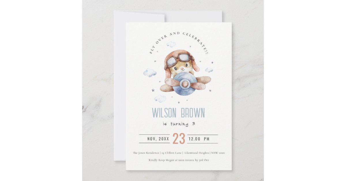 Cute Blue Fly Over Teddy Animal Plane Birthday Invitation | Zazzle