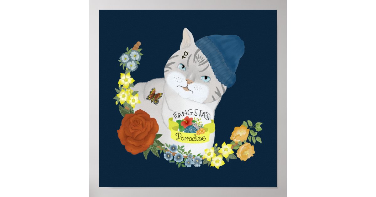 Cute Blue Gangster Kitty Cat Cartoon Illustration Poster | Zazzle