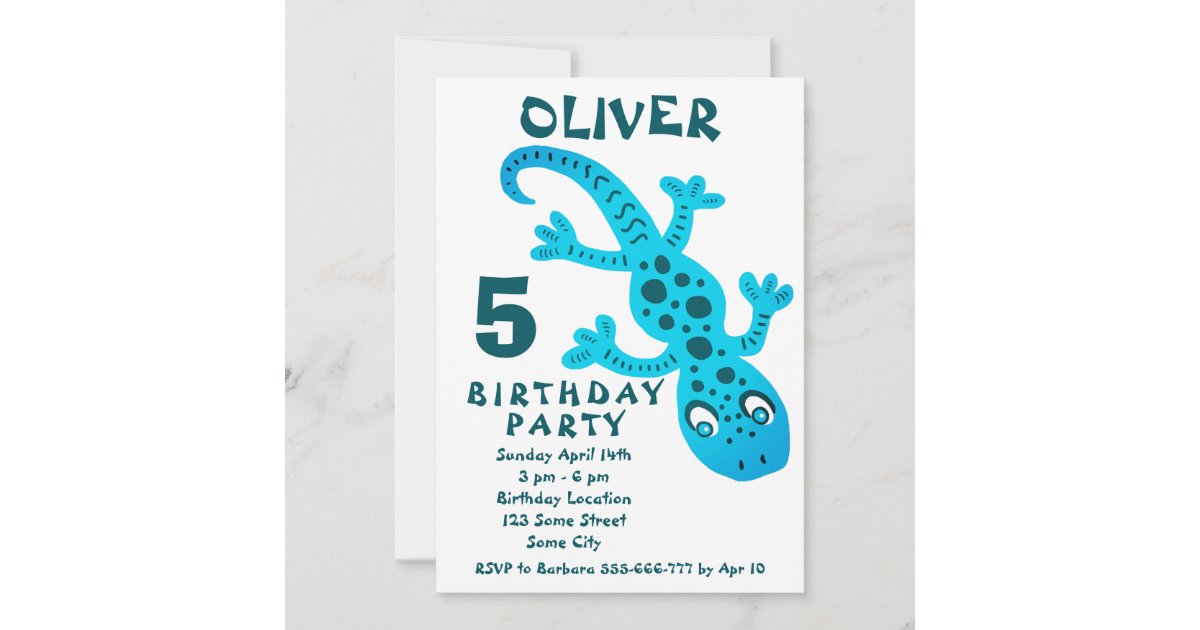 Cute Blue Gecko Lizard Boy Birthday Party Invitation | Zazzle