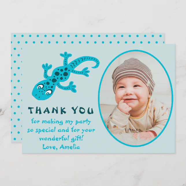 Cute Blue Gecko Lizard Kid Photo Birthday Thank You Card | Zazzle