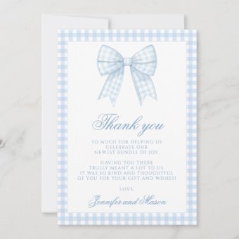 Cute blue gingham bow ribbon baby shower thank you card | Zazzle