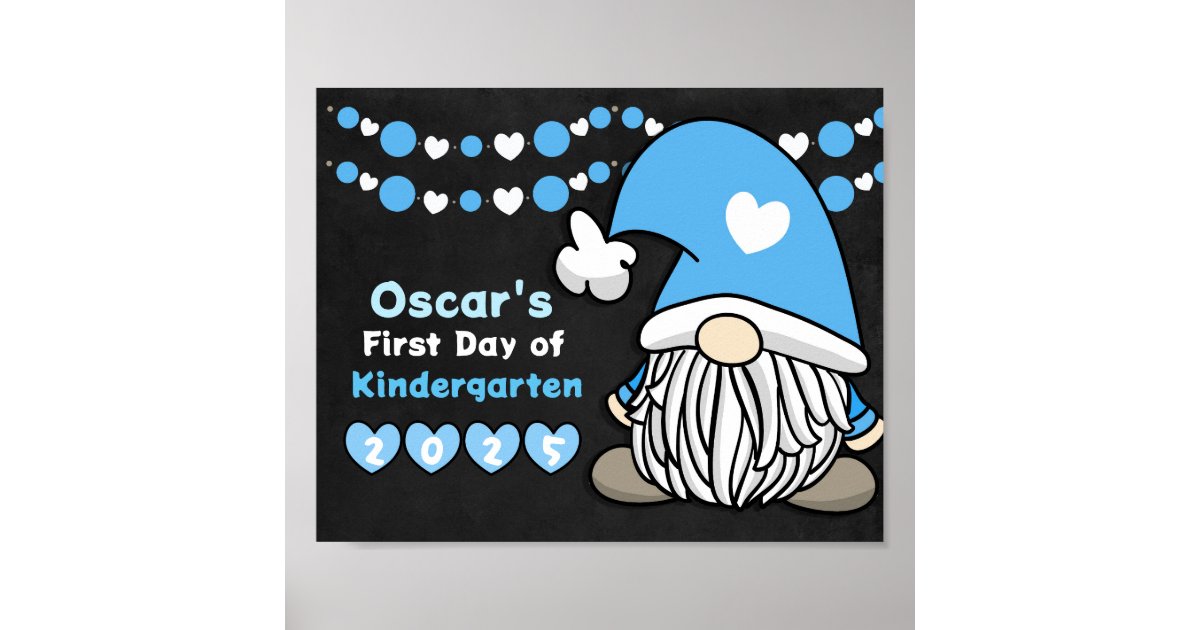Cute Blue Gnome First Day of School Chalkboard Poster | Zazzle