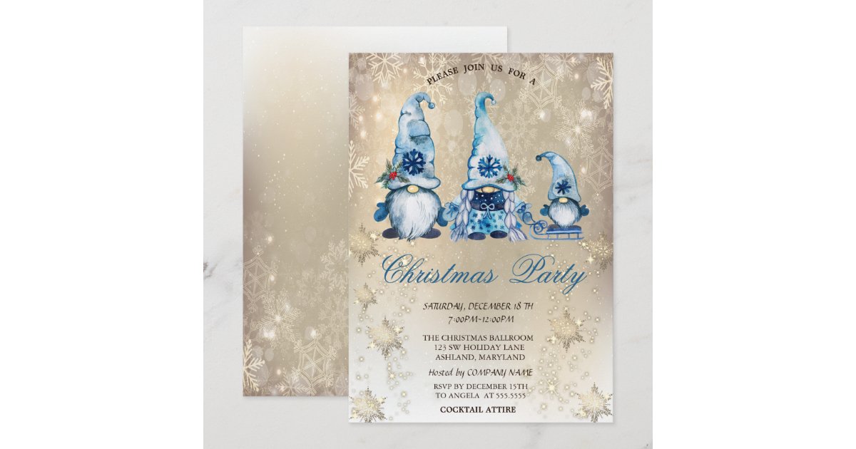 Cute Blue Gnomes Snowflakes Gold Party Invitation | Zazzle