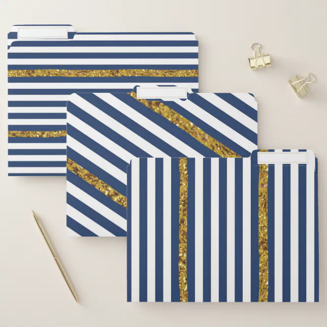 Cute Blue, Gold Glitter Striped Pattern File Folder | Zazzle