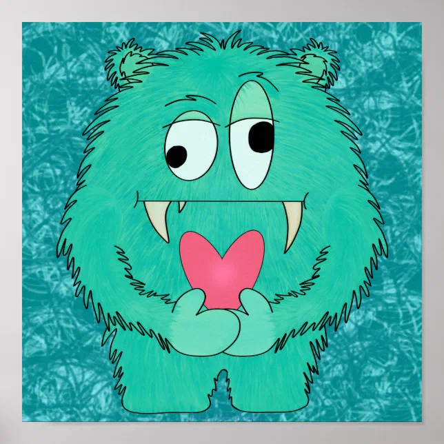 Cute Blue Green Cartoon Monster Valentine's Heart Poster | Zazzle