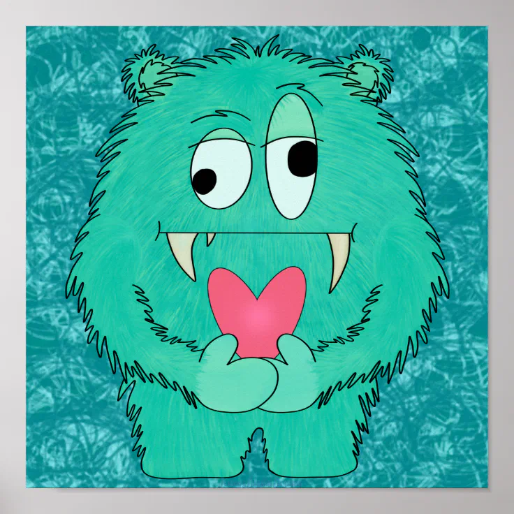 Cute Blue Green Cartoon Monster Valentine's Heart Poster | Zazzle