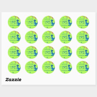 Cute Blue Green Dinosaur Themed Birthday Party Classic Round Sticker ...