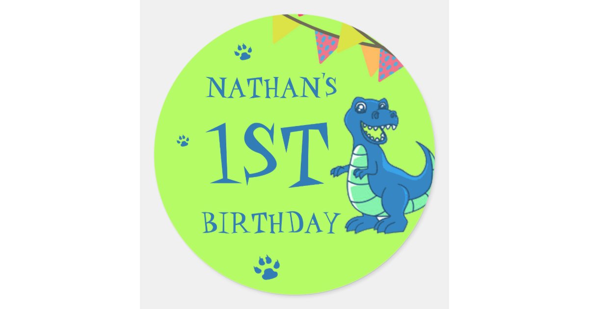 Cute Blue Green Dinosaur Themed Birthday Party Classic Round Sticker ...
