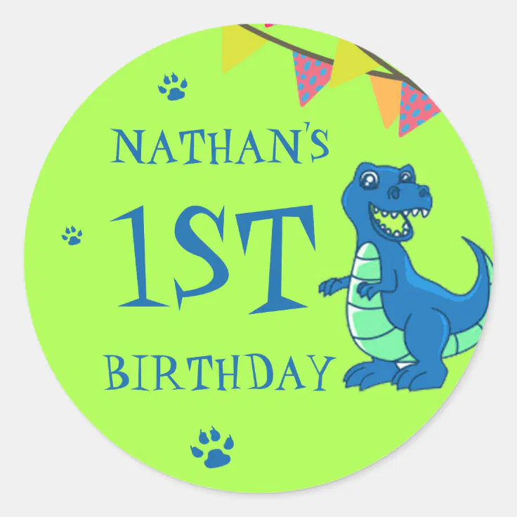 Cute Blue Green Dinosaur Themed Birthday Party Classic Round Sticker ...