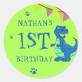 Cute Blue Green Dinosaur Themed Birthday Party Classic Round Sticker ...
