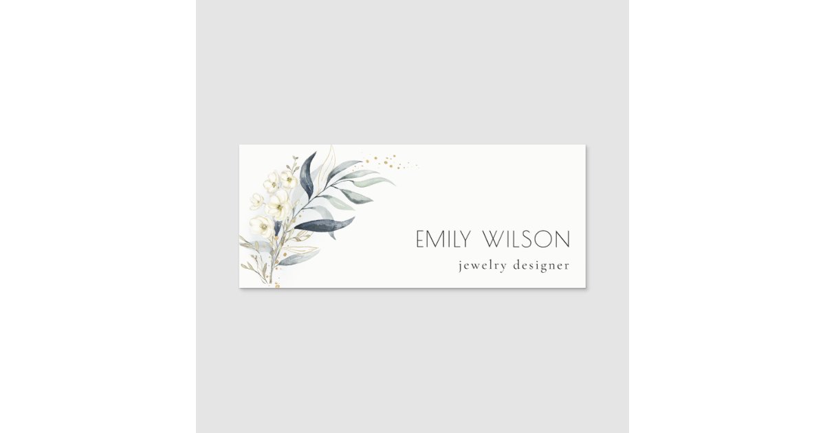 Cute Blue Green Gold Leafy Botanical Floral Bunch Name Tag | Zazzle