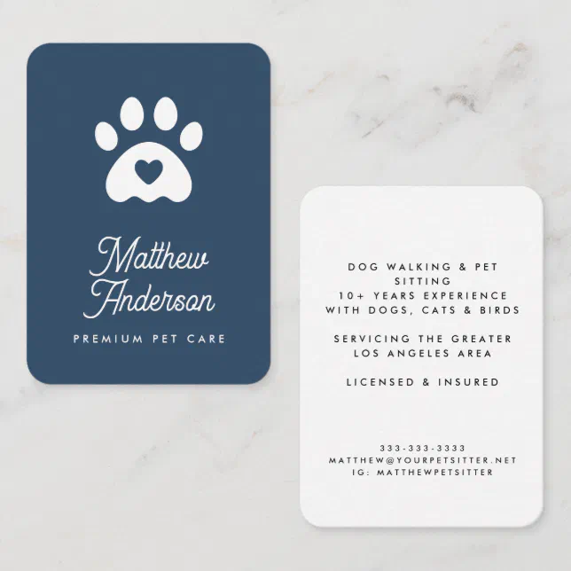 Cute Blue Heart Paw Print Pet Sitter Dog Walker Business Card | Zazzle