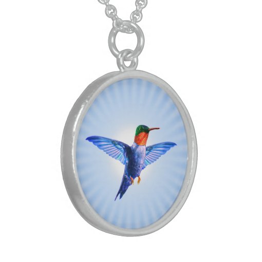 Cute blue hummingbird & light blue rays sterling silver necklace | Zazzle