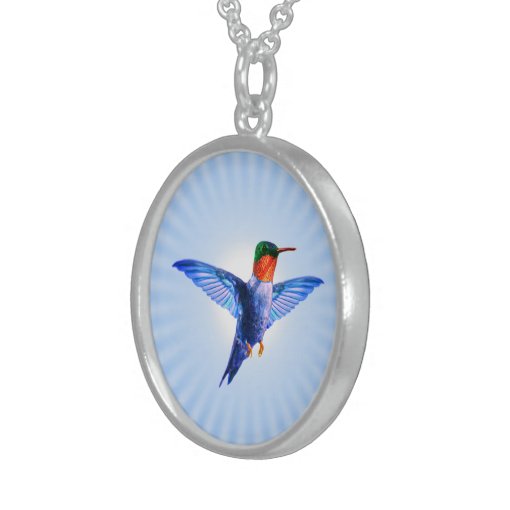 Cute blue hummingbird & light blue rays sterling silver necklace | Zazzle