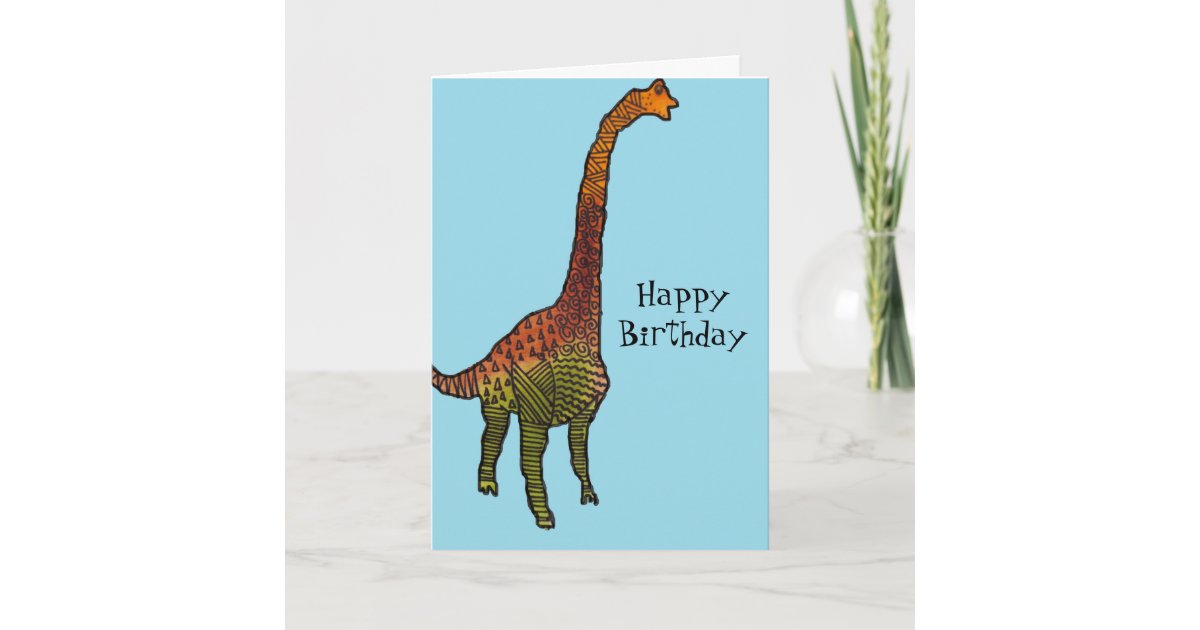 Cute blue kids brachiosaurus dinosaur art card | Zazzle