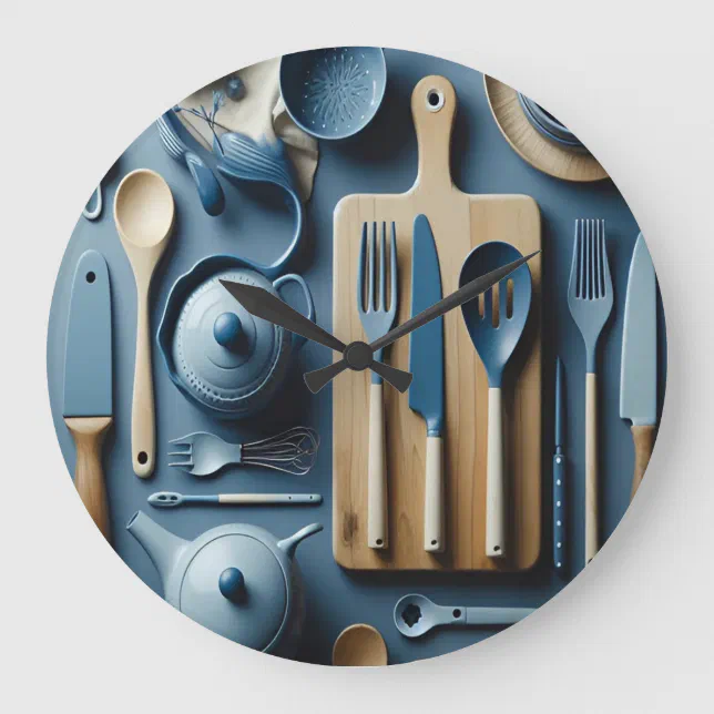 Cute Blue Kitchen Utensils Aesthetic Wallpaper Large Clock | Zazzle