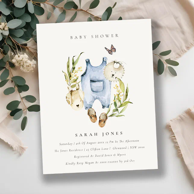 Cute Blue Leafy Foliage Baby Clothes Baby Shower Postcard | Zazzle