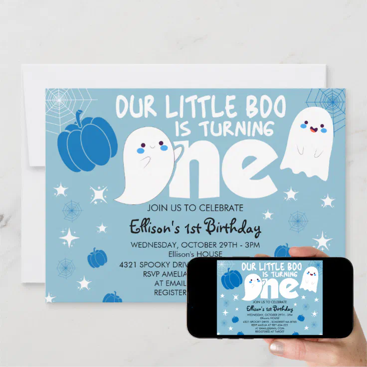 Cute Blue Little Boo Halloween First Birthday Invitation | Zazzle
