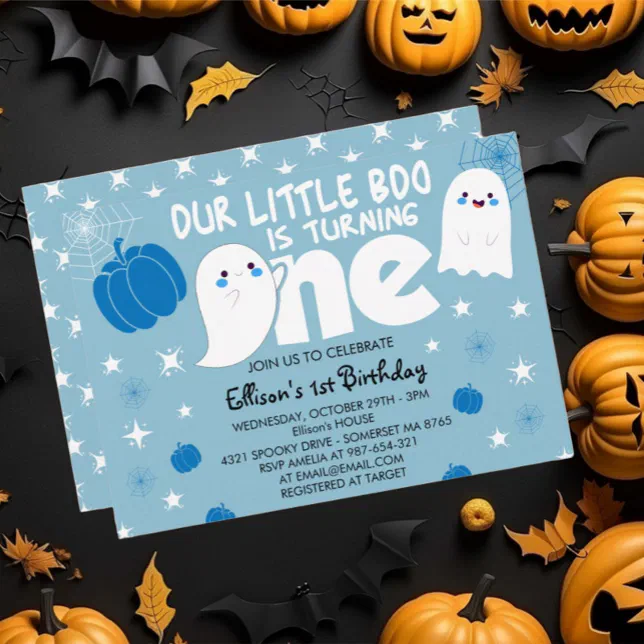 Cute Blue Little Boo Halloween First Birthday Invitation | Zazzle