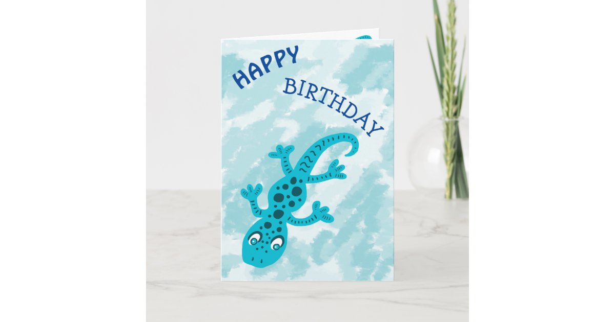 Cute Blue Lizard Gecko on Blue Happy Birthday Card | Zazzle